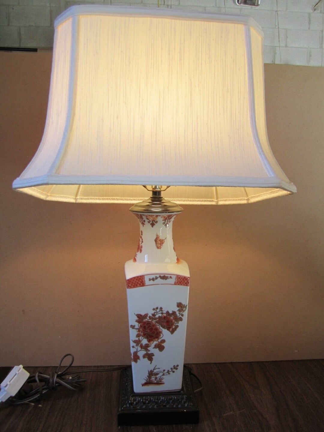 Vintage Chinese Vase Lamp Square Porcelain Butterfly Peony Gold Lined ...