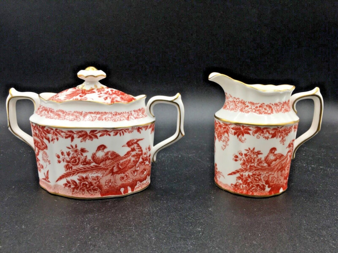 Vintage Royal Crown Derby Red Aves Creamer and Covered Sugar Bowl Mint ...