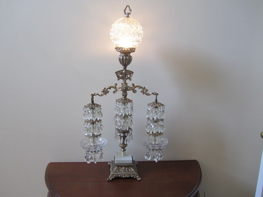 Vintage Brass Lamp With Lusters, Stone Base, Globe, Prisms - Large ...