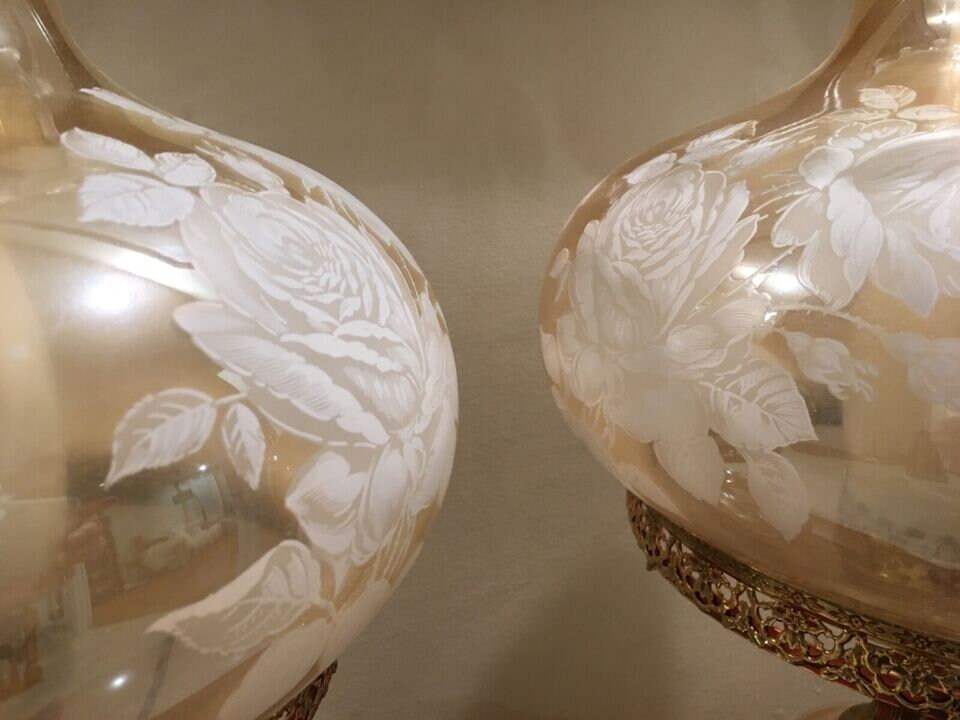 Large Victorian Gone With the Wind Hurricane Amber Ruffled Shade Double ...