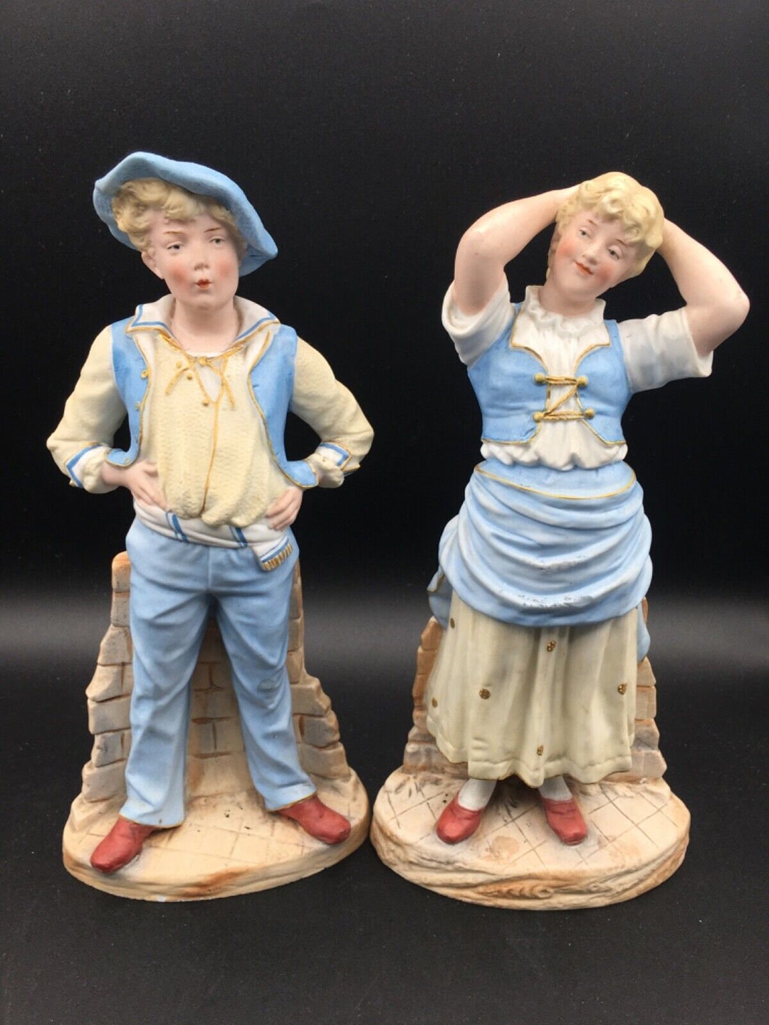 Antique 12.5" Heubach German Bisque Flatback Figurine Pair Flirting Boy ...
