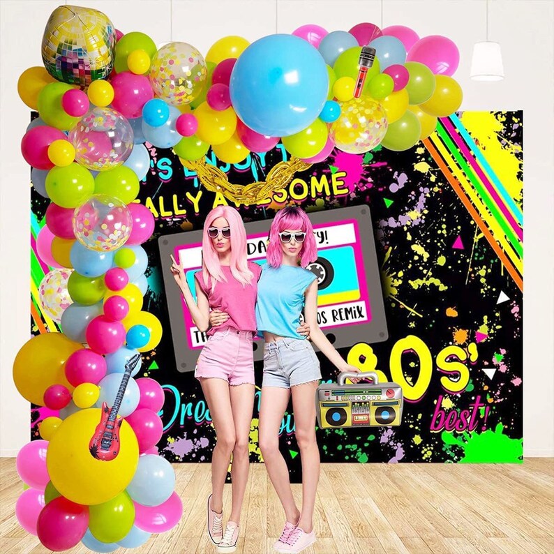 124pcs Back to 80s 90s Balloon Garland Arch Kit | Disco Guitar Stereo ...