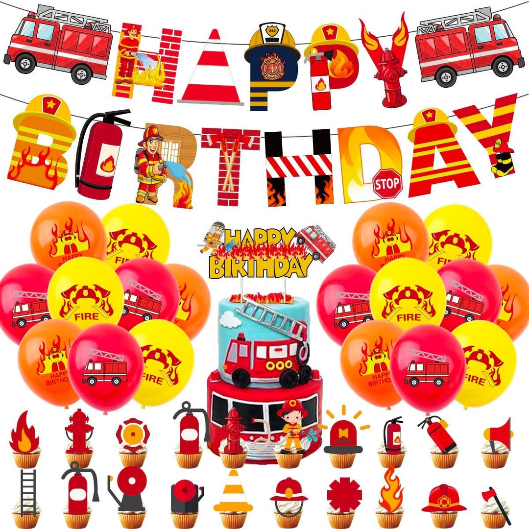 40pcs Fire Truck Theme Party Set | Birthday Banner | Cake Cupcake ...