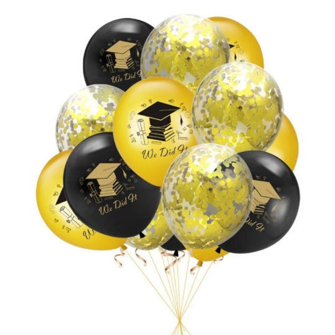 15pcs Graduation Balloon Set | Congrats Grad Black Gold Confetti ...