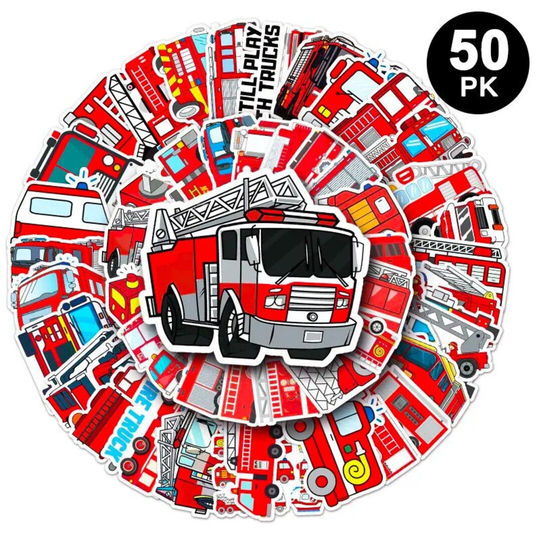 50pcs Fire Trucks Theme Vinyl Stickers Die Cut Waterproof Reusable ...