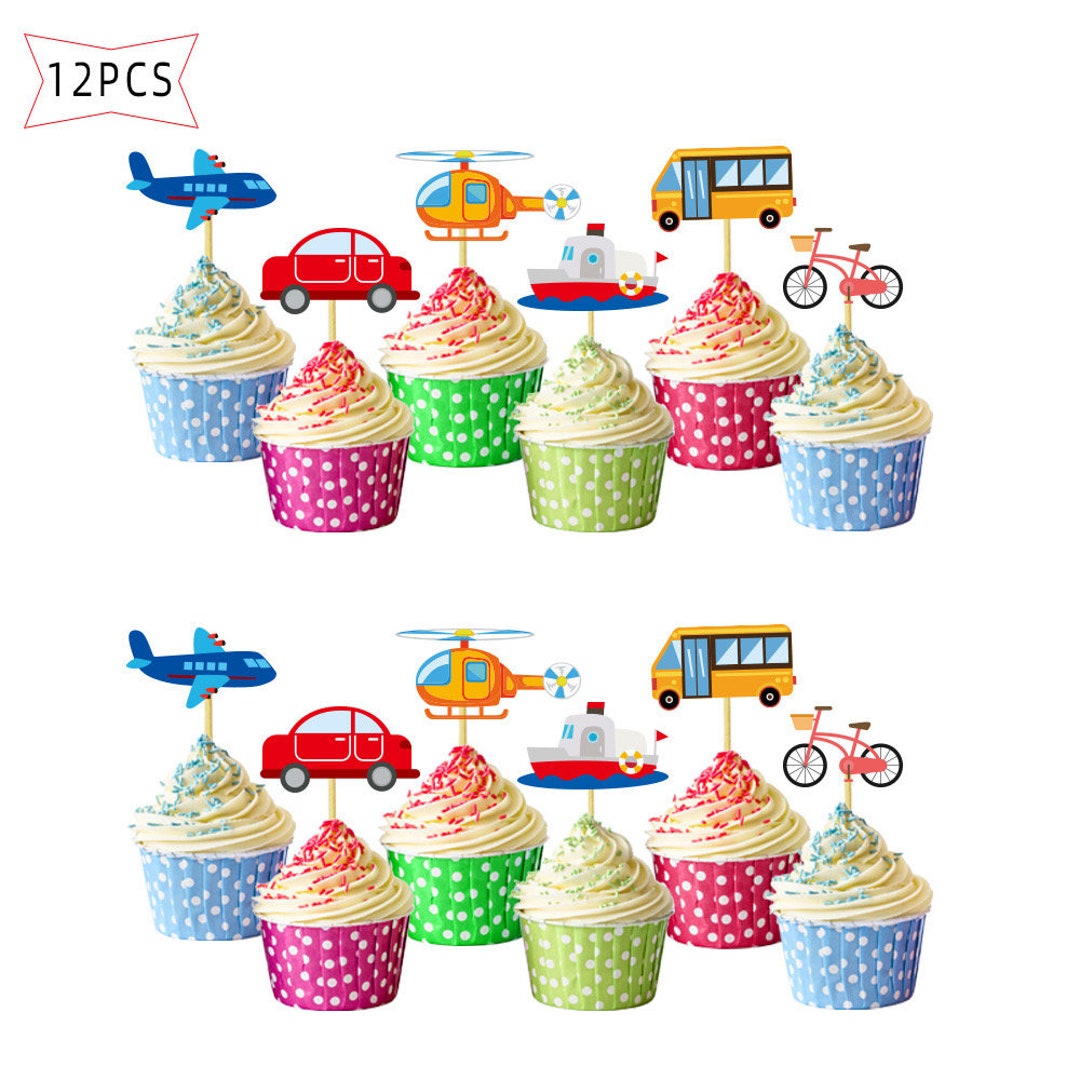 12PCS Transport Vehicles Cupcake Toppers Helicopter Plane Boat Bus Car ...