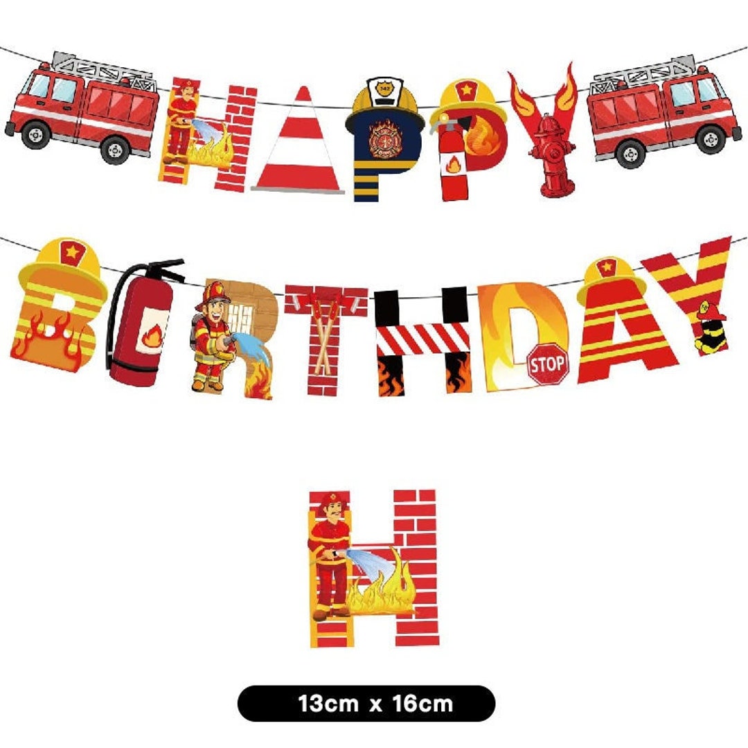 Fire Truck Theme Happy Birthday Party Banner | Fireman Theme Kids Birthday Party Decorations ...