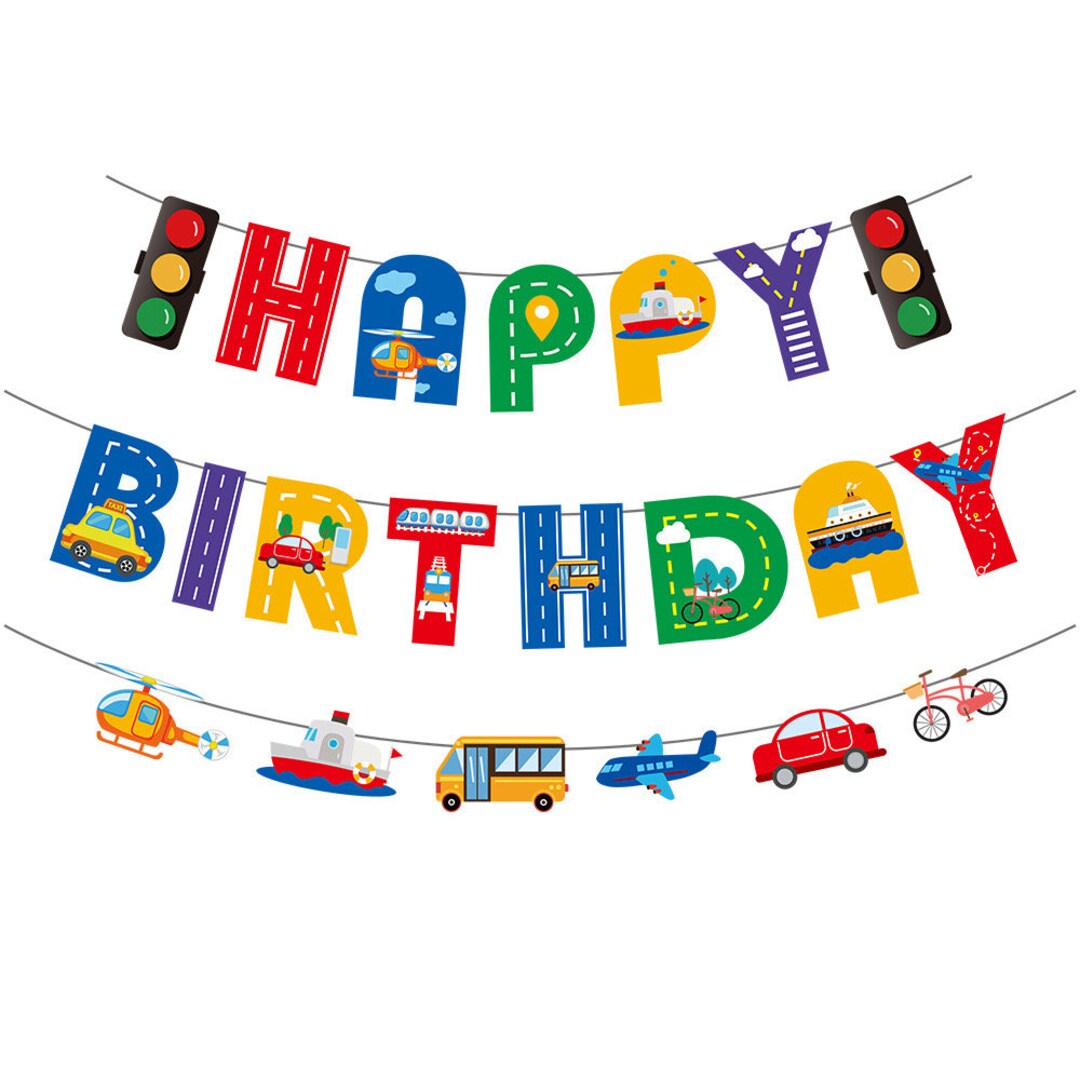 Transport Vehicles Birthday Banner Helicopter Boat Bus Plane Car ...