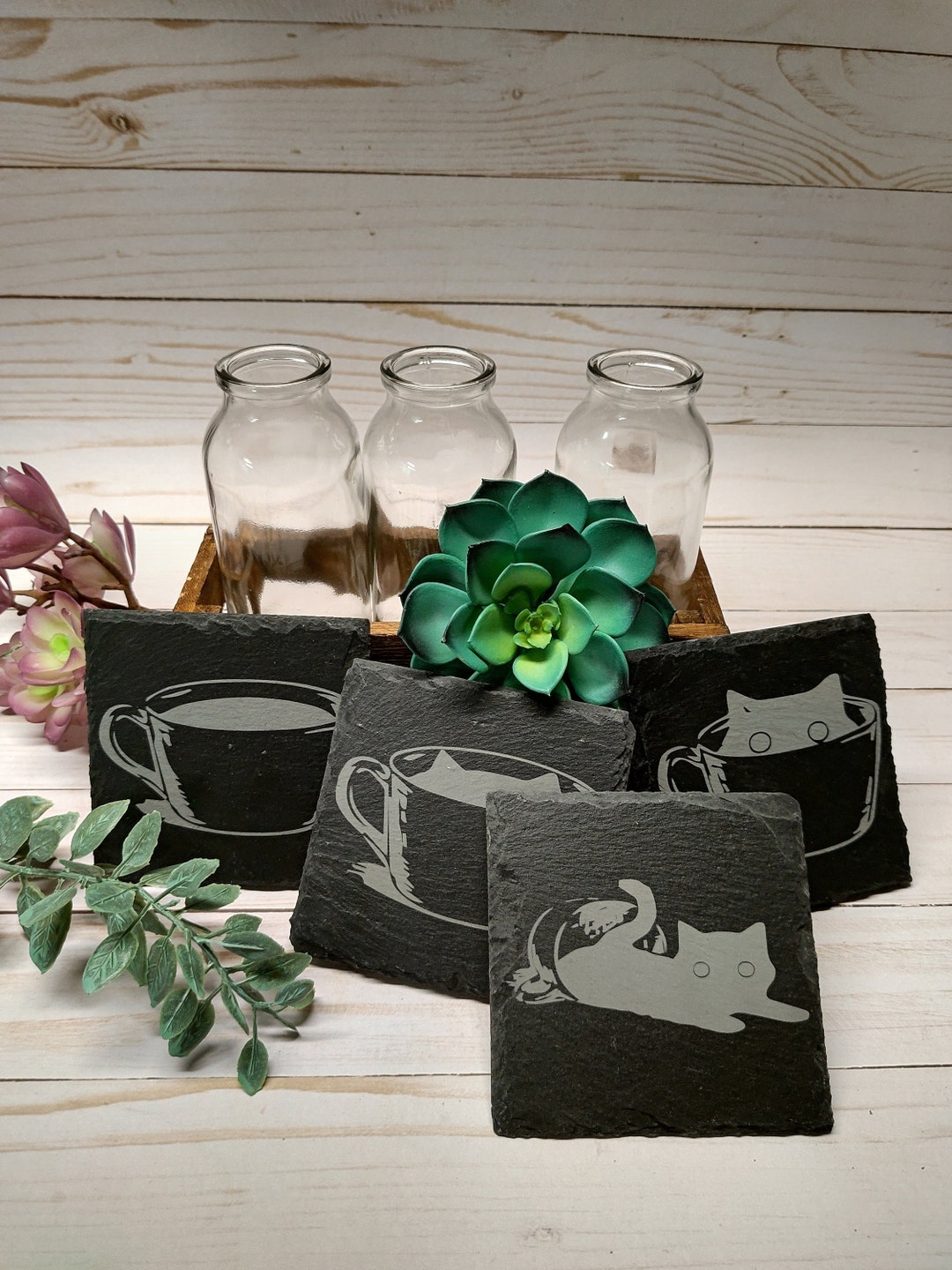 Cat in Coffee Cup Slate Coasters, Set O of 4, Gift Set, Cat Coasters ...