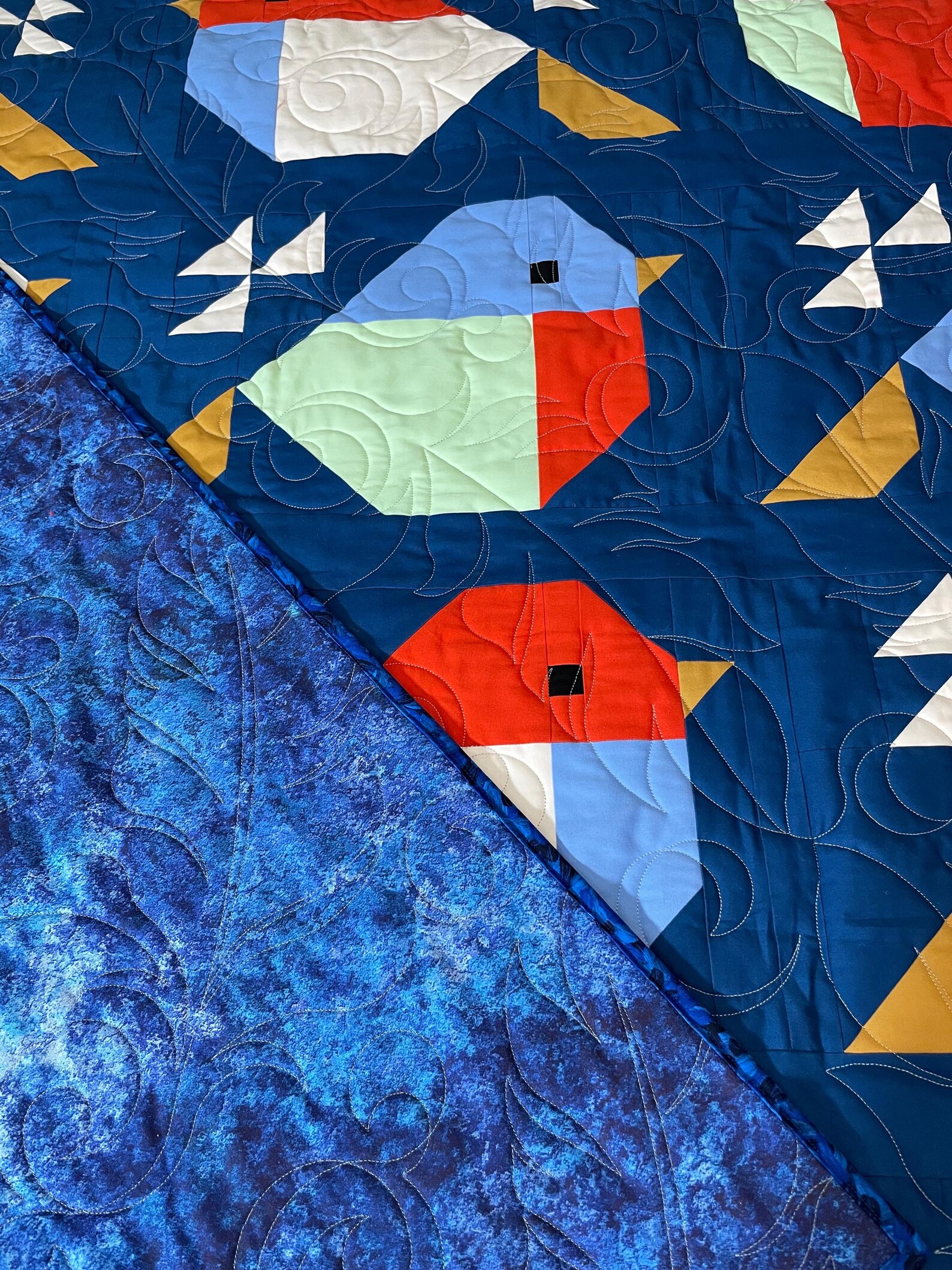 Handmade Sparrows Quilt: Colorful Bird Design, Feather Stitching (70x77 ...