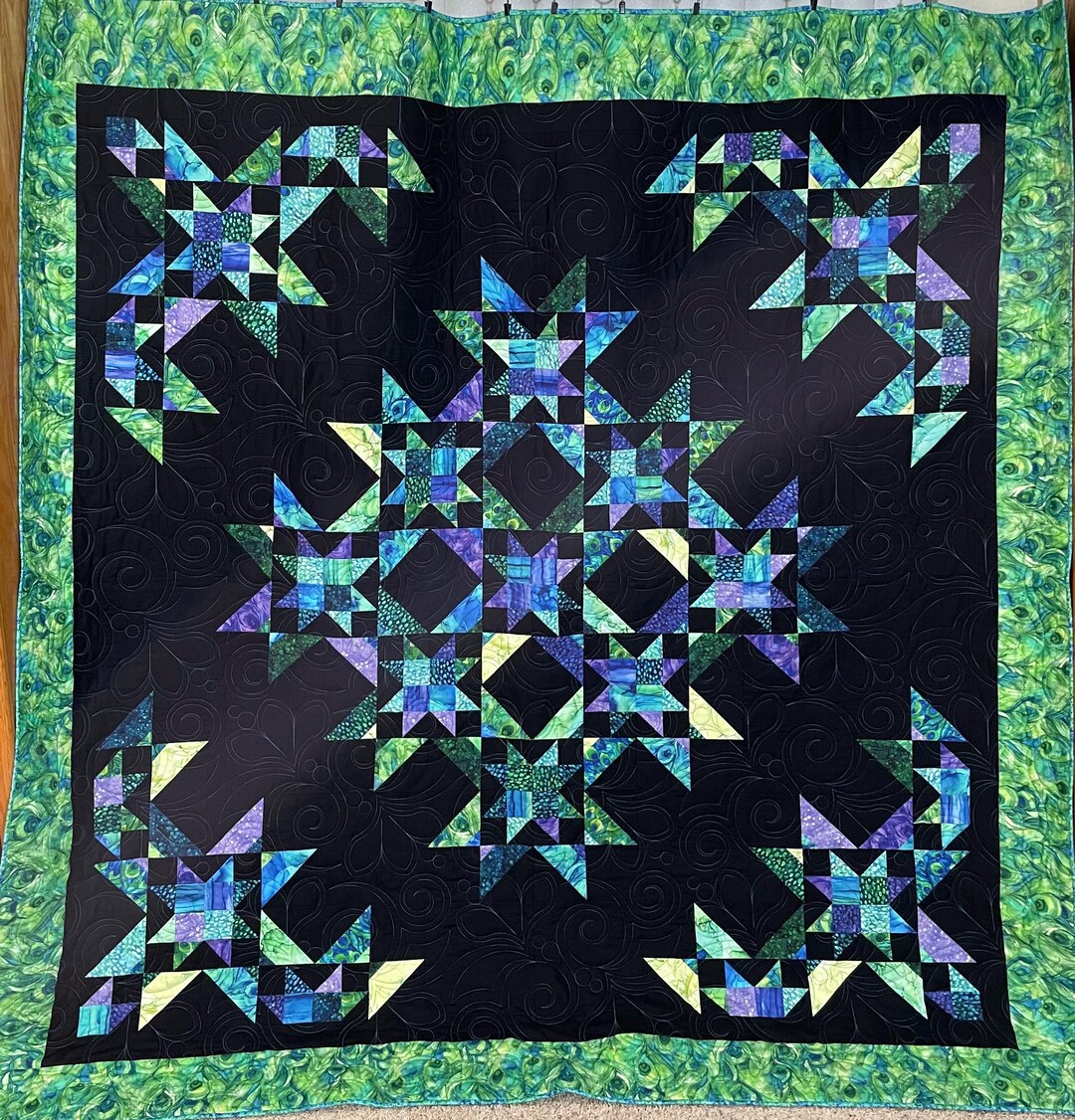 Nine Sisters Quilt in Bright Batik // Blues, Purples, and Greens - Etsy
