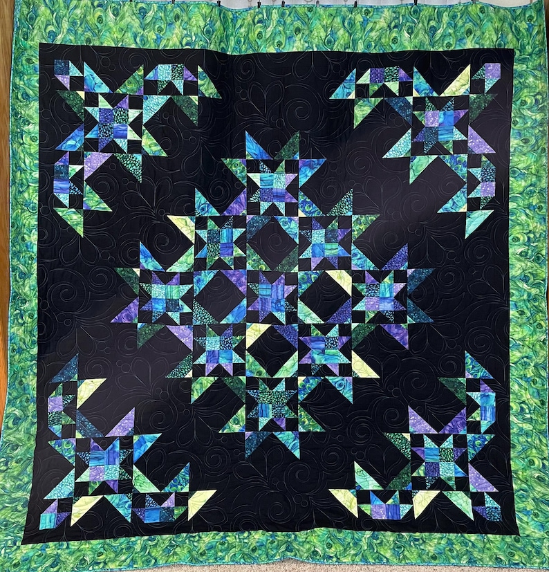 Nine Sisters Quilt in Bright Batik // Blues, Purples, and Greens - Etsy