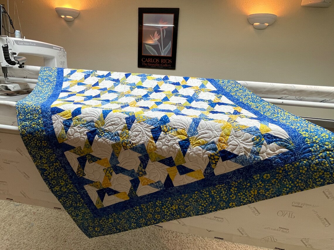 Blue and Yellow Batik Quilt - Jagged Xs - Etsy