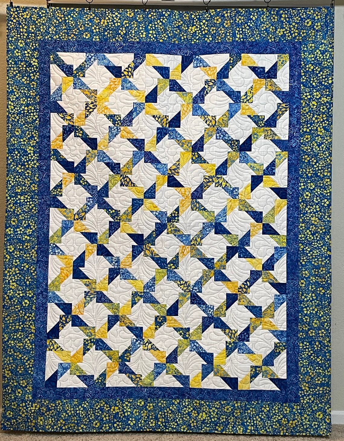 Blue and Yellow Batik Quilt - Jagged Xs - Etsy