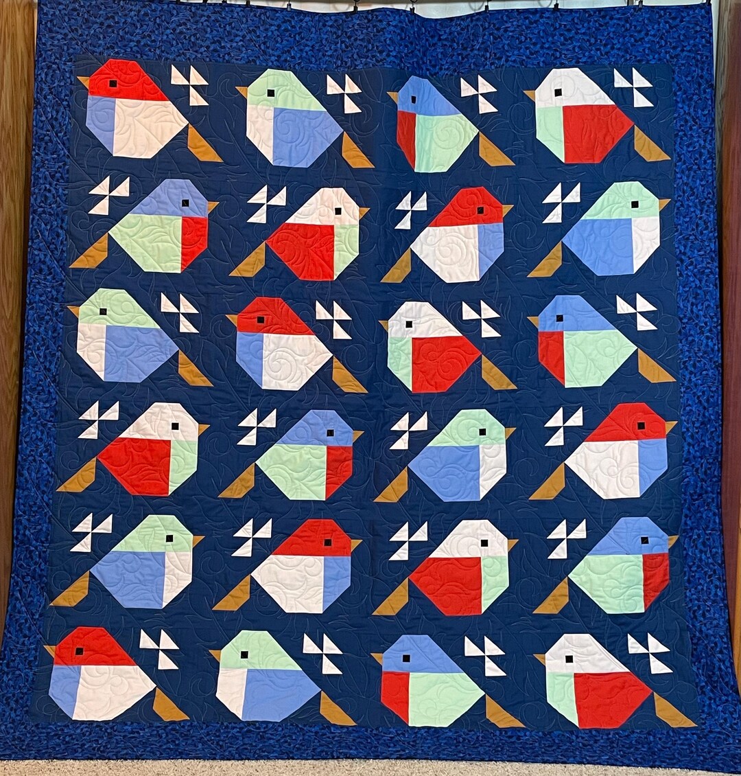Handmade Sparrows Quilt: Colorful Bird Design, Feather Stitching (70x77 ...