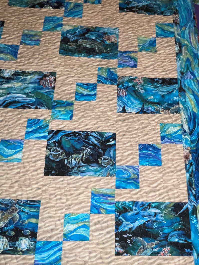 Beautiful Lap / Throw Quilt With Ocean Sea Life Turtles, Killer Whales ...
