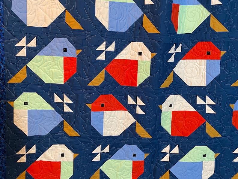 Handmade Sparrows Quilt: Colorful Bird Design, Feather Stitching (70x77 ...