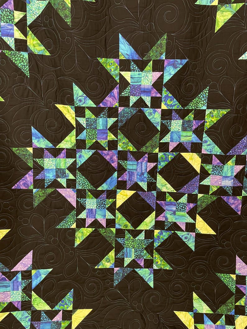 Nine Sisters Quilt in Bright Batik // Blues, Purples, and Greens - Etsy