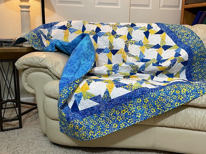 Blue and Yellow Batik Quilt - Jagged Xs - Etsy