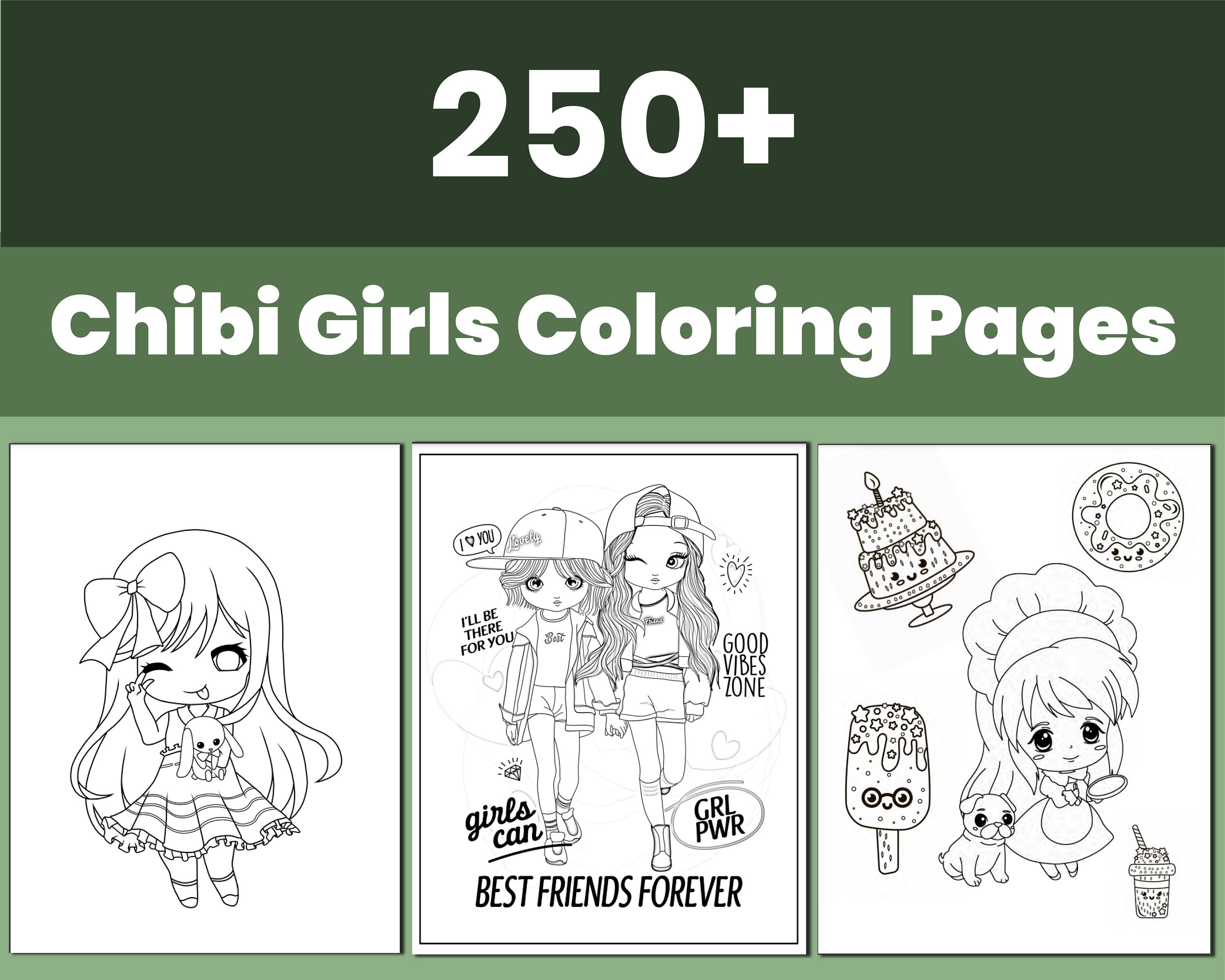 250 Chibi Girls Coloring Pages With Free 100 Motivational - Etsy UK