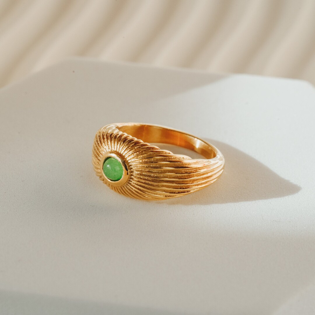 18K Gold Plated Natural Green Stone Sun Shape Ring, Vintage Wide Chunky ...