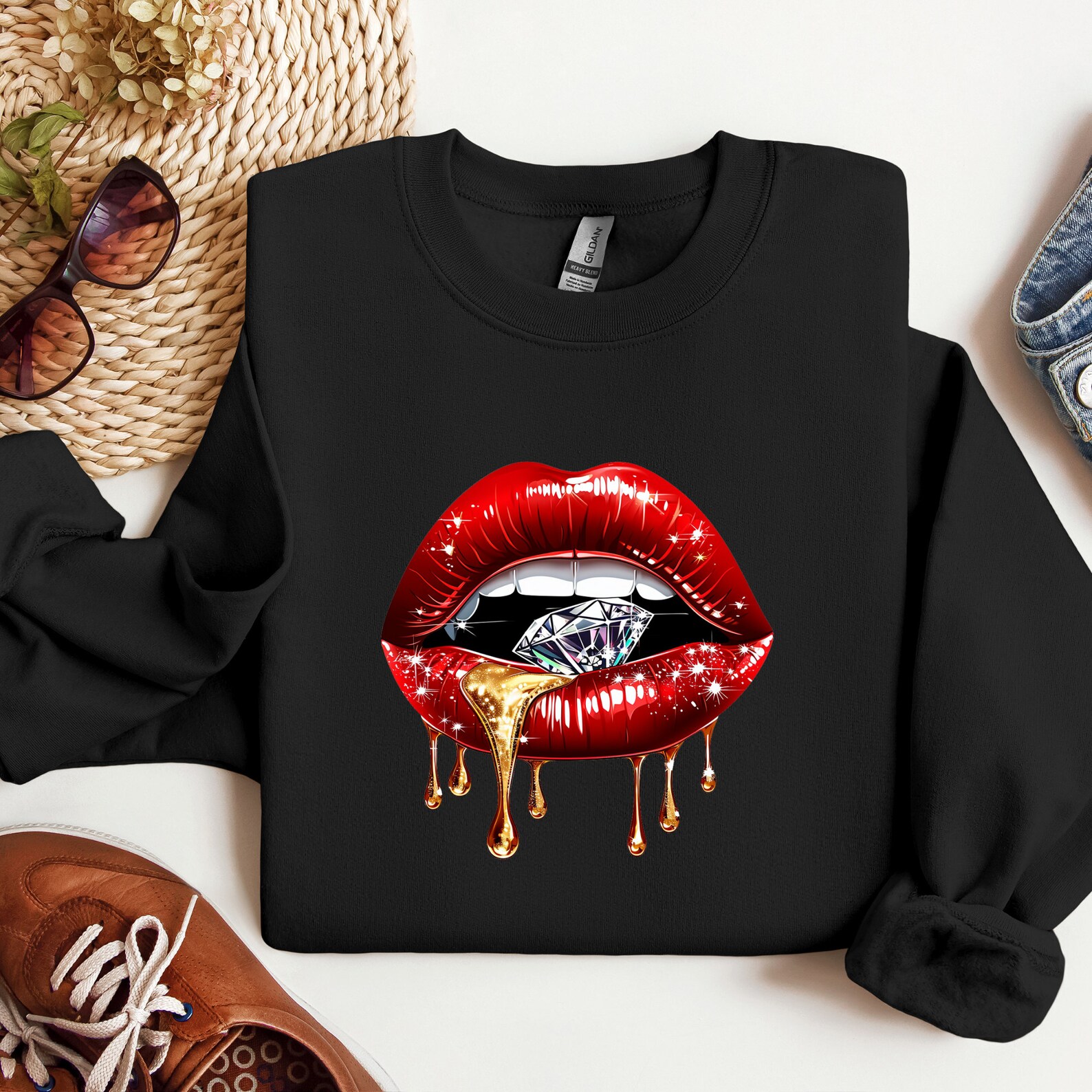 Shiny Dripping Lips Shirt , Metallic, Wet Dripping, Diamond ...