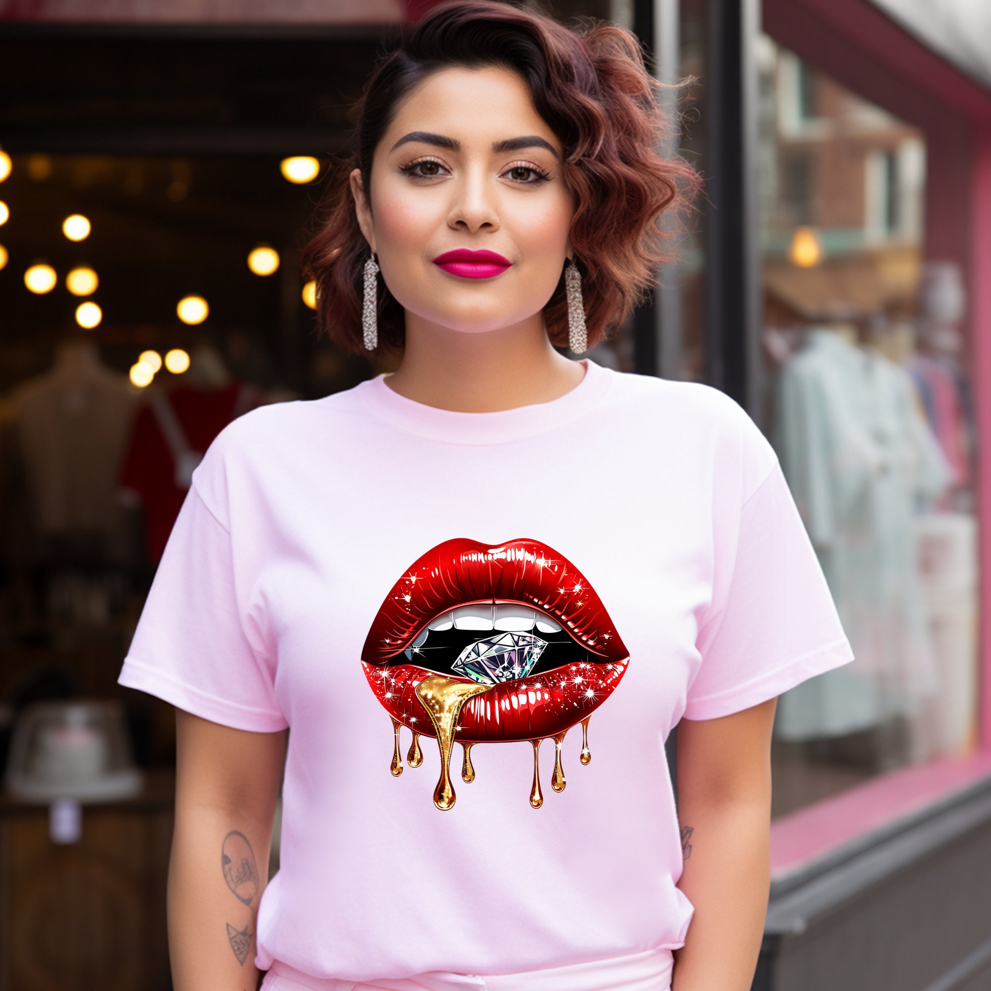 Shiny Dripping Lips Shirt , Metallic, Wet Dripping, Diamond ...