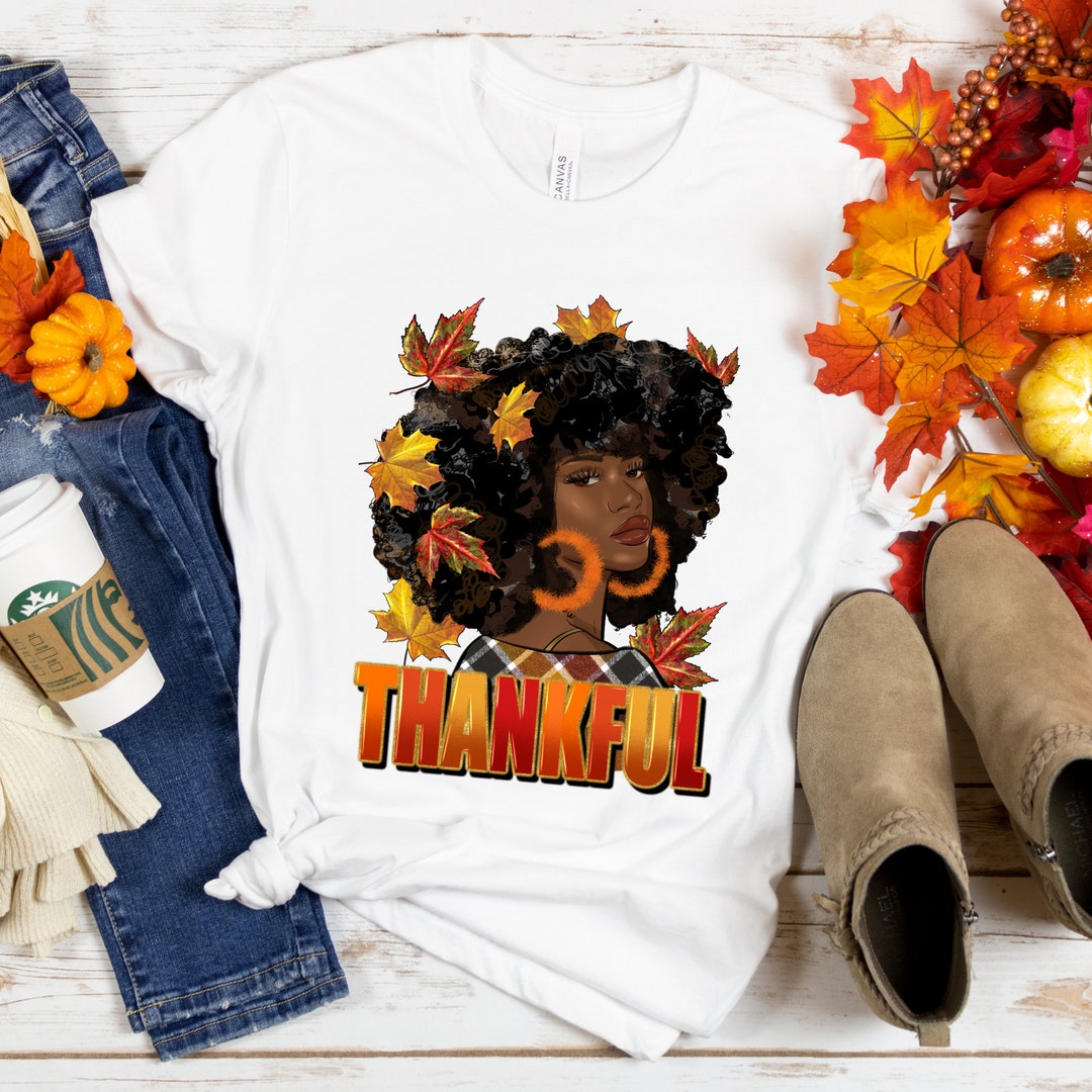 Thankful Black Woman Afro Tee, African American Fall T-shirts, Melanin ...