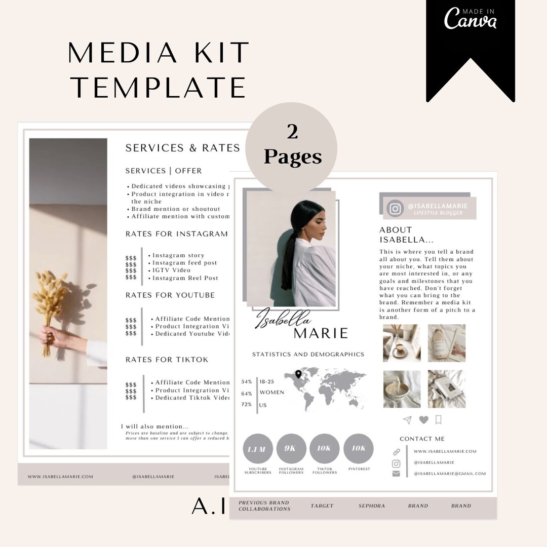 Minimalist Media Kit & Rate Card Template | Instagram Influencer ...
