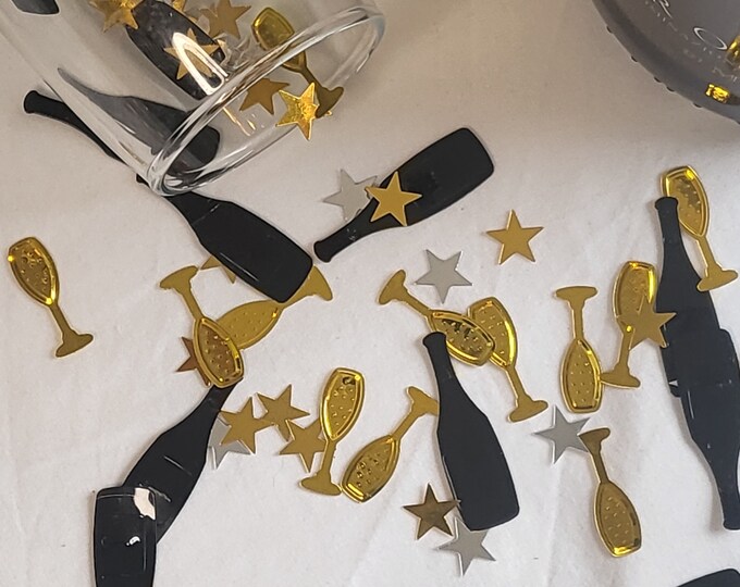 Party Confetti Decorations, Champagne and Glass, Black and Gold Table ...