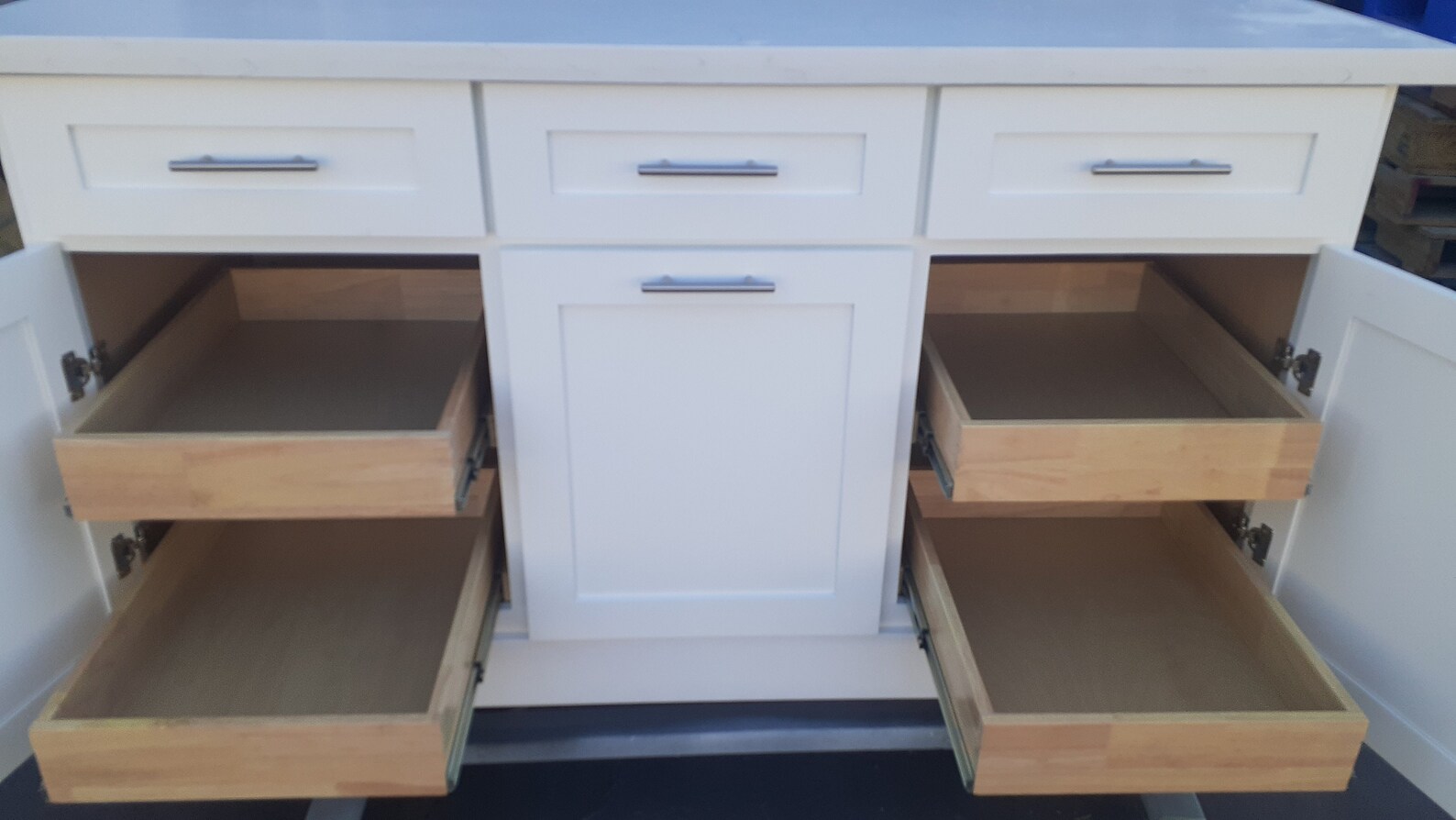 5ft Custom Kitchen Island - White Quartz Top, Trash Tray & Roll-out ...