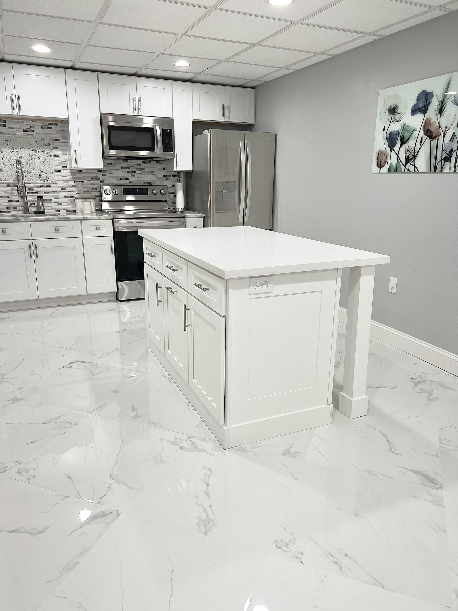 5ft Custom Kitchen Island - White Quartz Top, Trash Tray & Roll-out ...