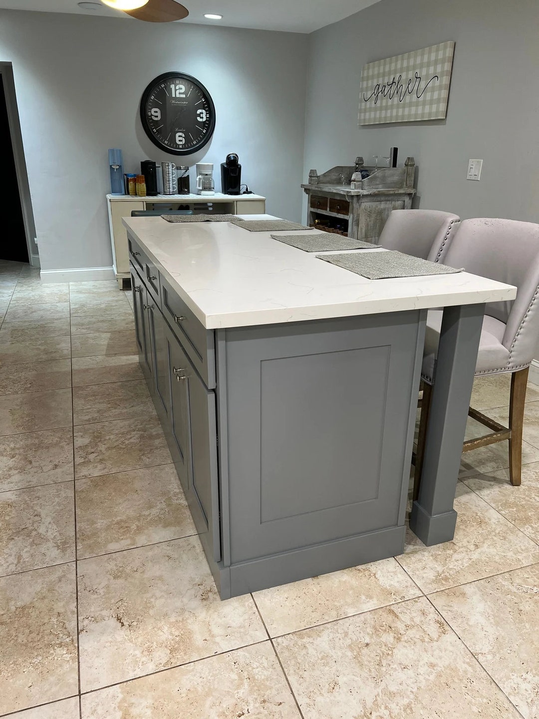 6ft Custom Kitchen Island - Pure White Quartz Top, Trash Try & Roll-out ...