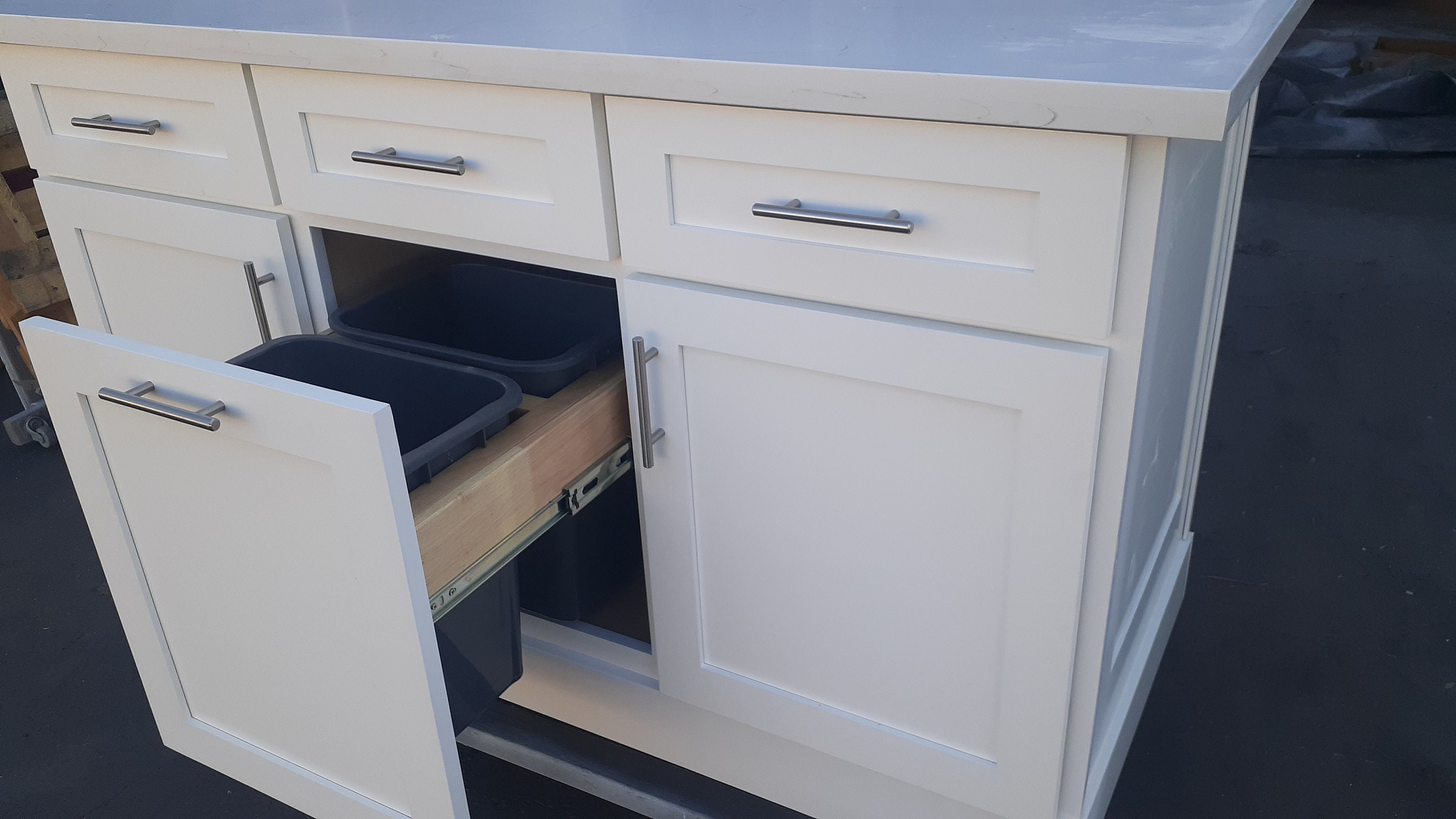 5ft Custom Kitchen Island - White Quartz Top, Trash Tray & Roll-out ...