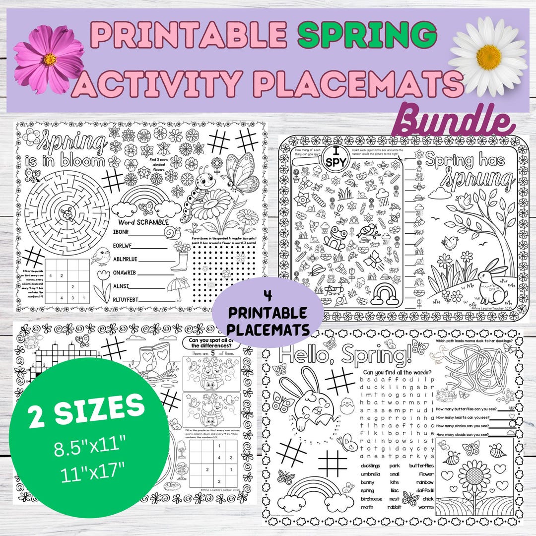 Spring Printable Placemats BUNDLE - 4 Unique Placemats for Hours of Fun ...