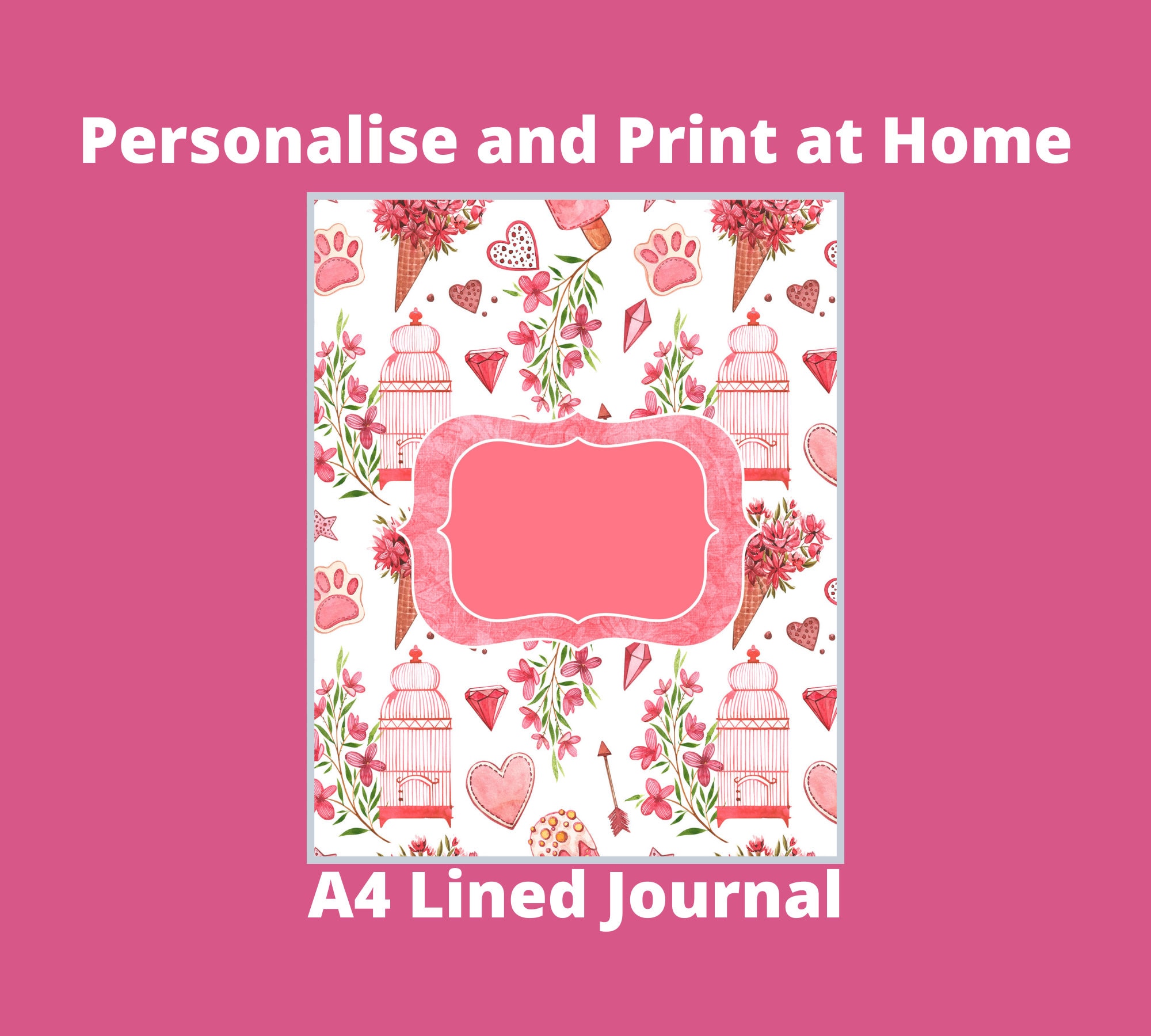 Personalised Printable A4 Lined Journal Hearts and Flowers | Etsy