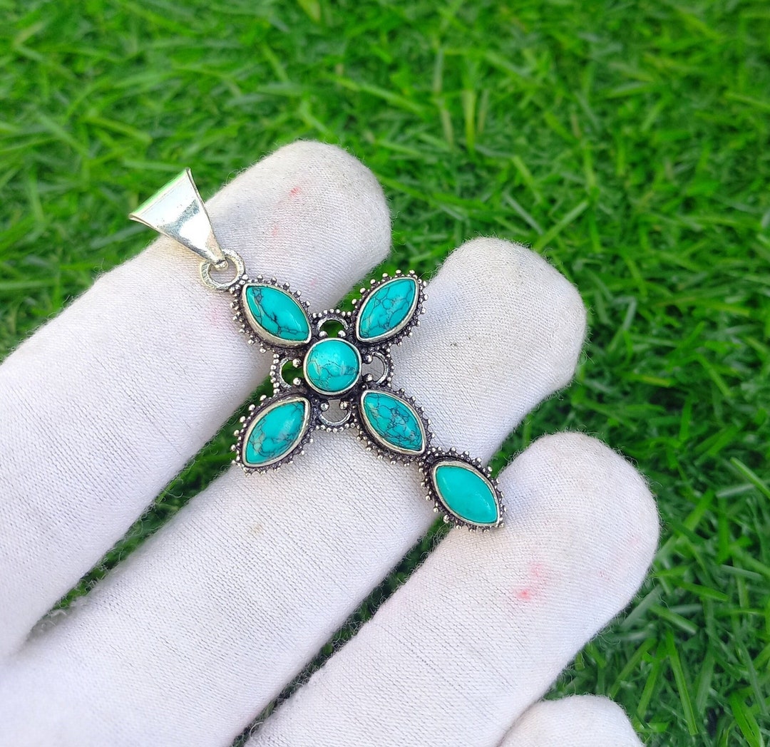 Turquoise Cross Pendant, 925 Sterling Silver Turquoise Cross, Turquoise ...