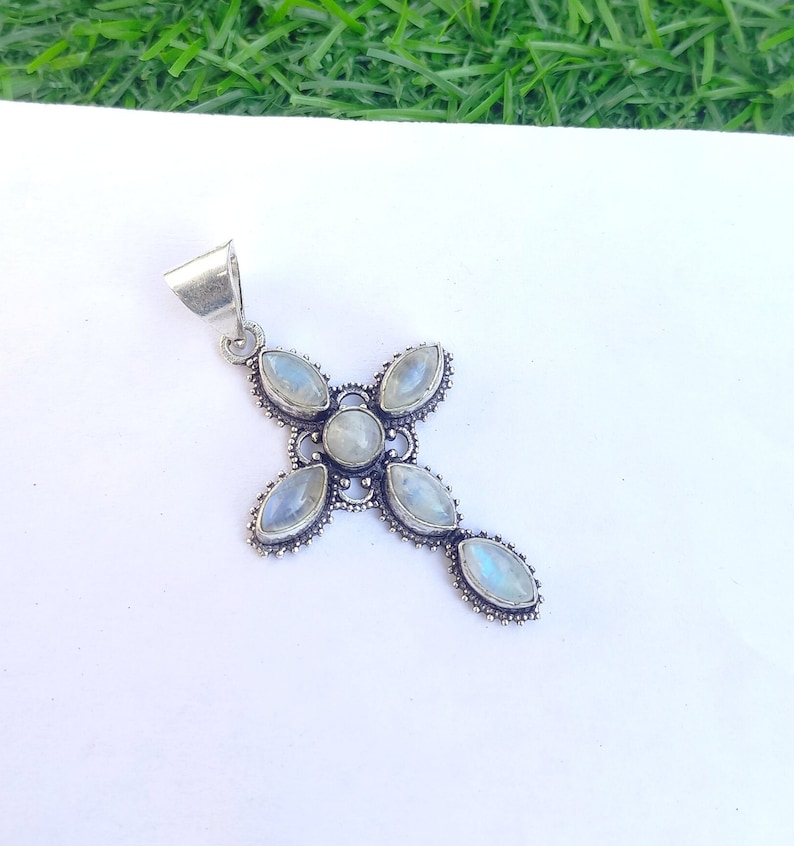 Rainbow Moonstone Cross Pendant: Handmade 925 Sterling Silver - Etsy