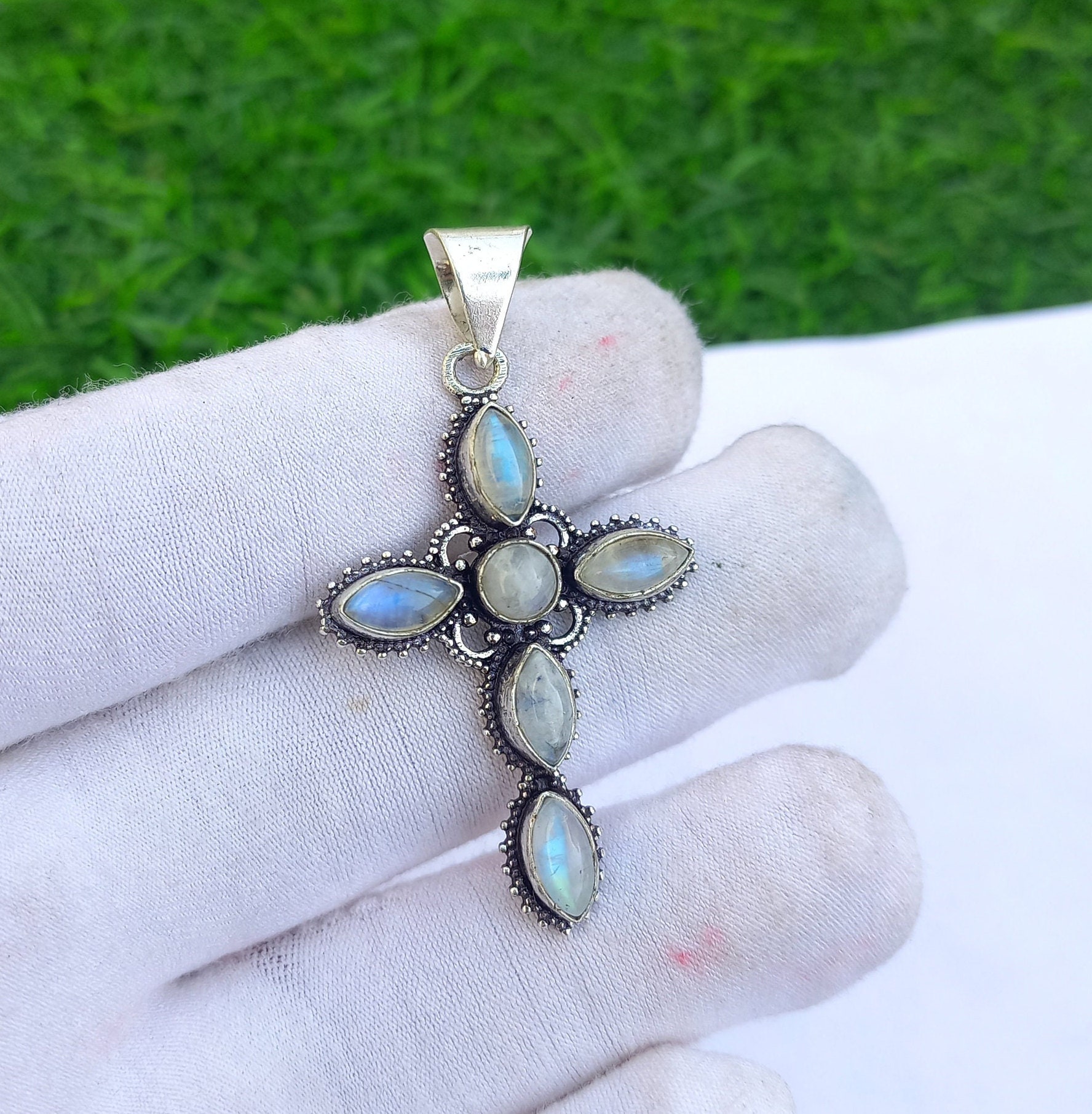 Rainbow Moonstone Cross Pendant: Handmade 925 Sterling Silver - Etsy