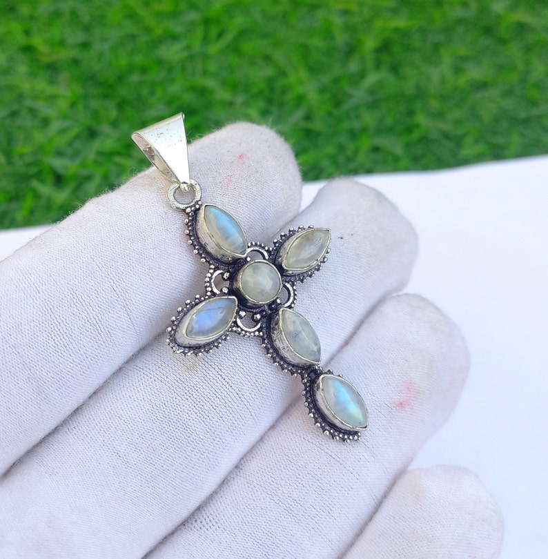 Rainbow Moonstone Cross Pendant: Handmade 925 Sterling Silver - Etsy