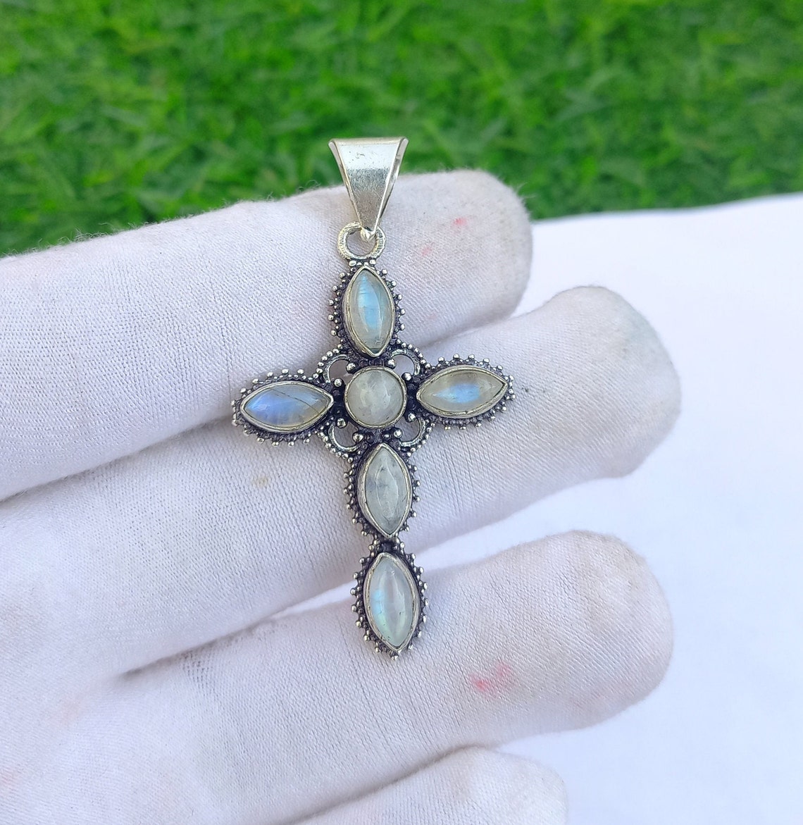 Rainbow Moonstone Cross Pendant: Handmade 925 Sterling Silver - Etsy