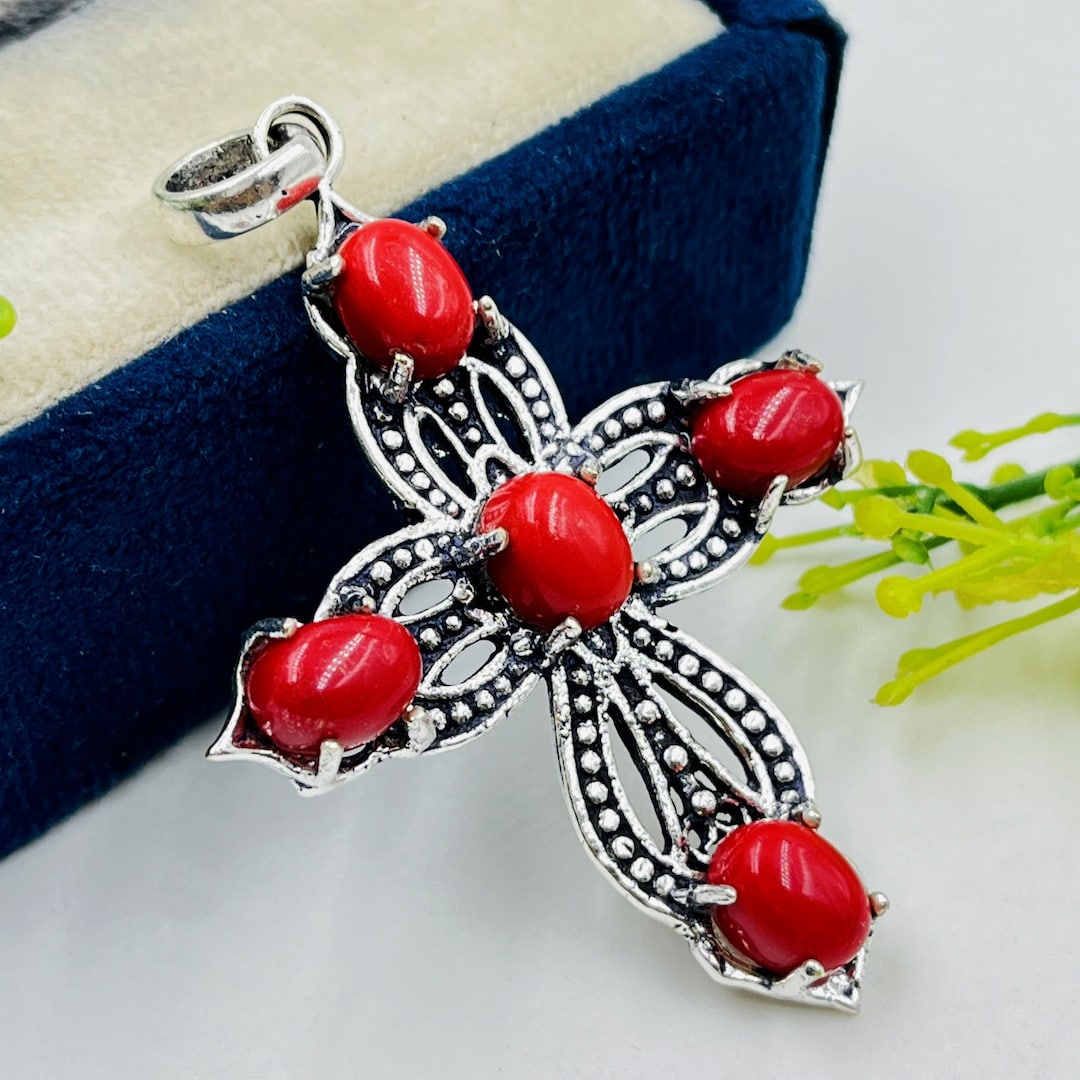 Red Coral Pendant, Cross Pendant, Gemstone 925 Sterling Silver Pendant ...