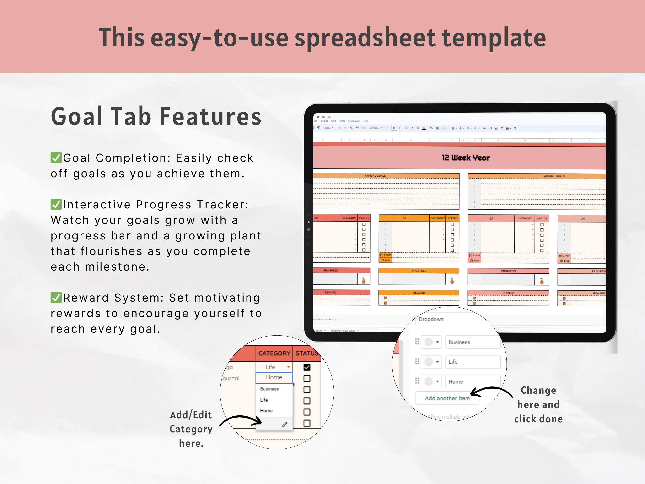 12 Week Year Planner Google Sheets Template, 12 Week Goal Planner ...