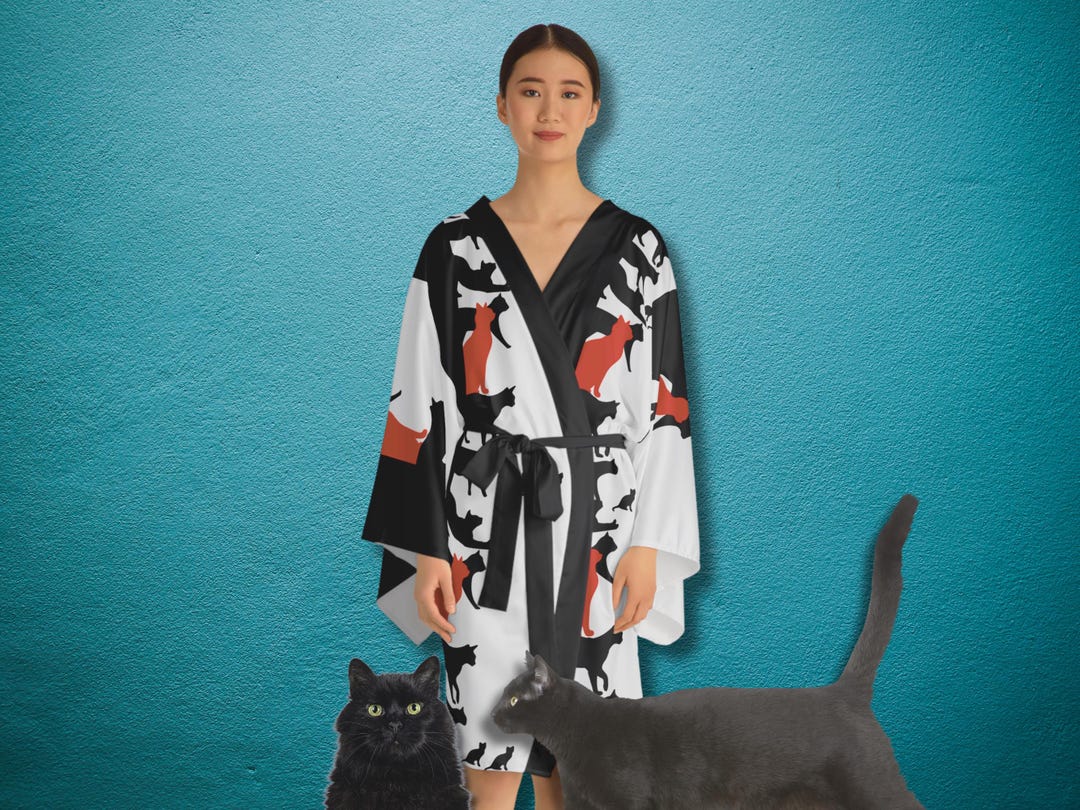 Red & Black Cat Silhouette Kimono Haori Robe Cozy Elegance With a Touch ...
