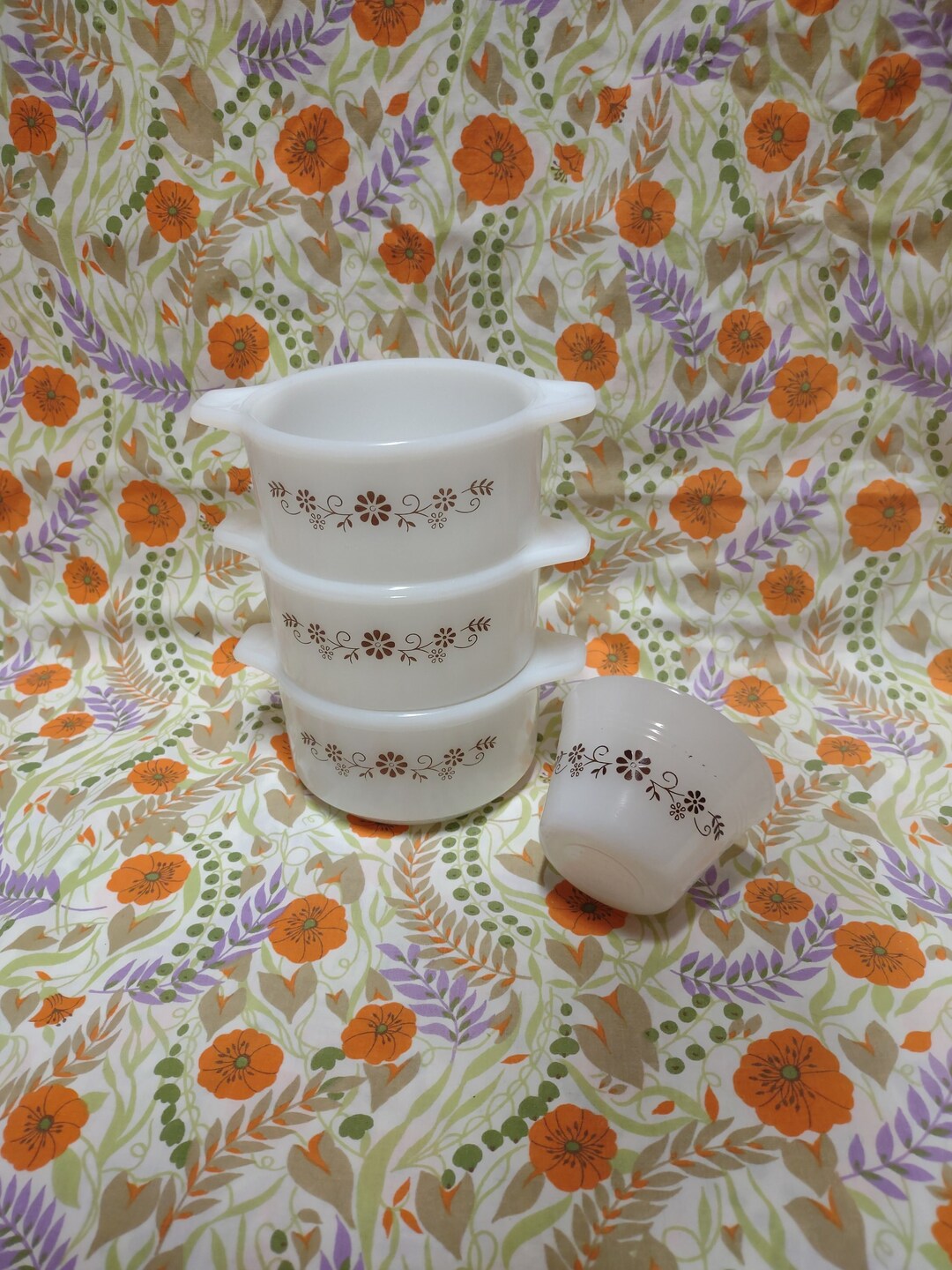 Vintage Dynaware Pyr-o-rey 4 Milkglass Bowls With Brown Daisies Decor ...
