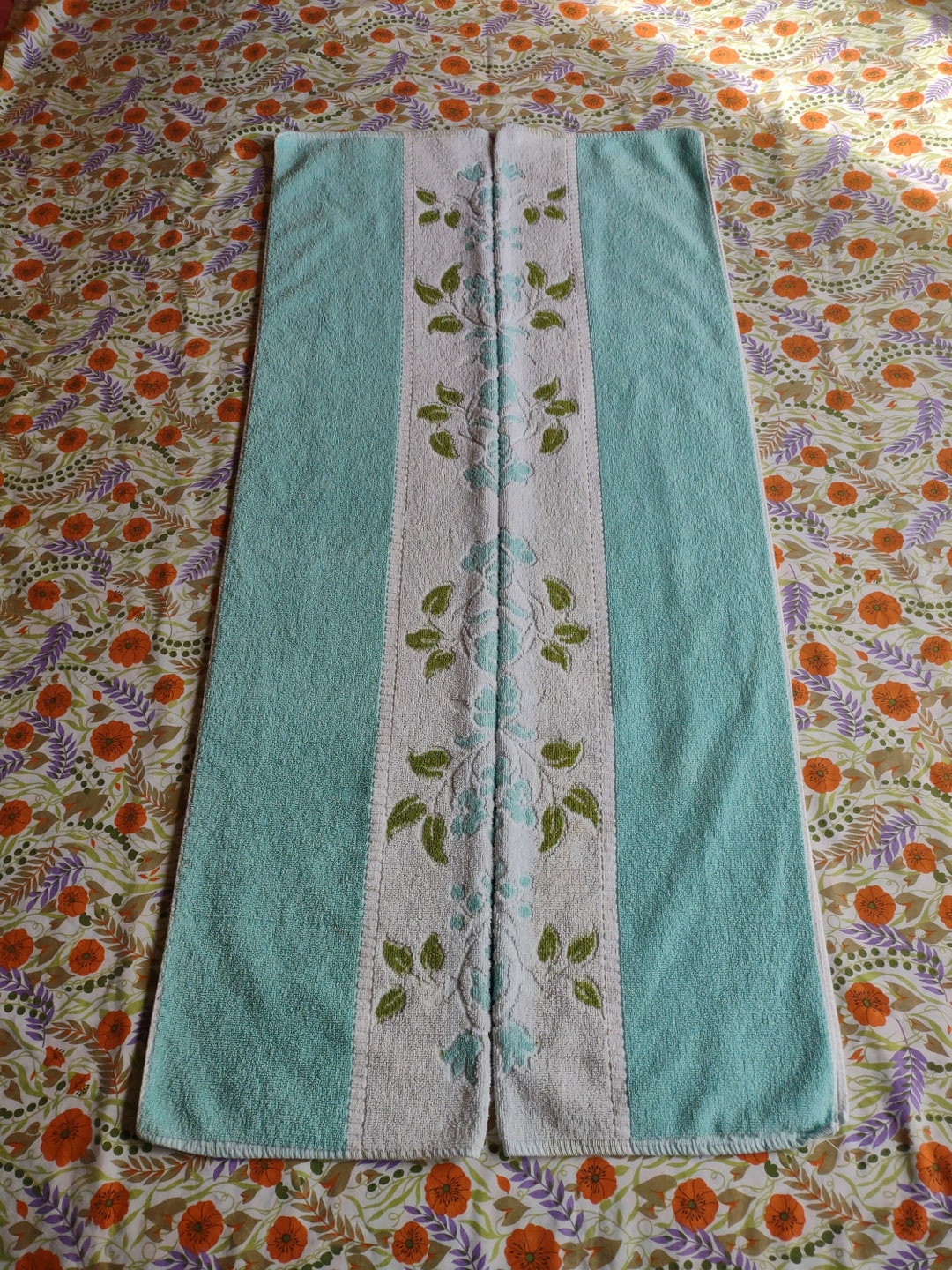 Set of 2 Vintage Turquoise Floral Towels / Retro Towels / Midcentury ...