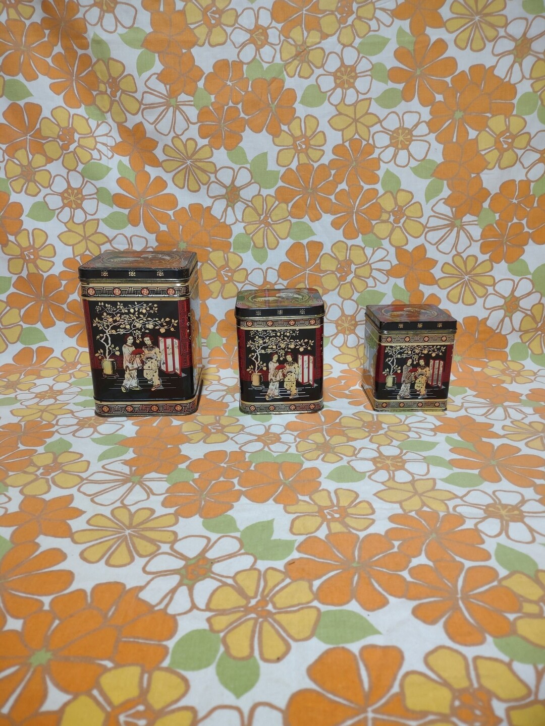Set of 3 Vintage Chinese Nesting Tins / Black Red and Gold Vintage Tea ...