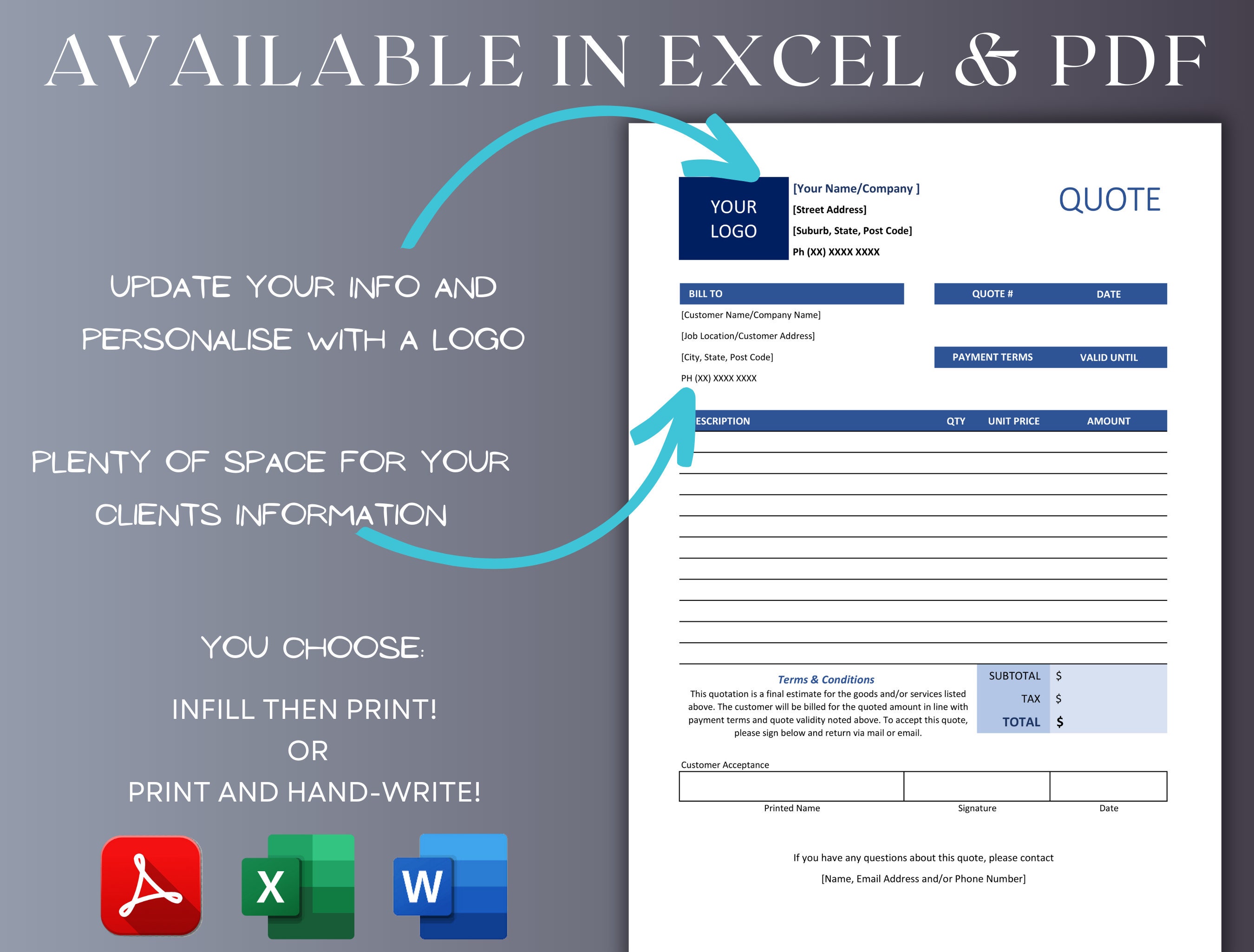 Job Quote Template for Excel | PDF Editor | Acrobat Reader. Quote ...