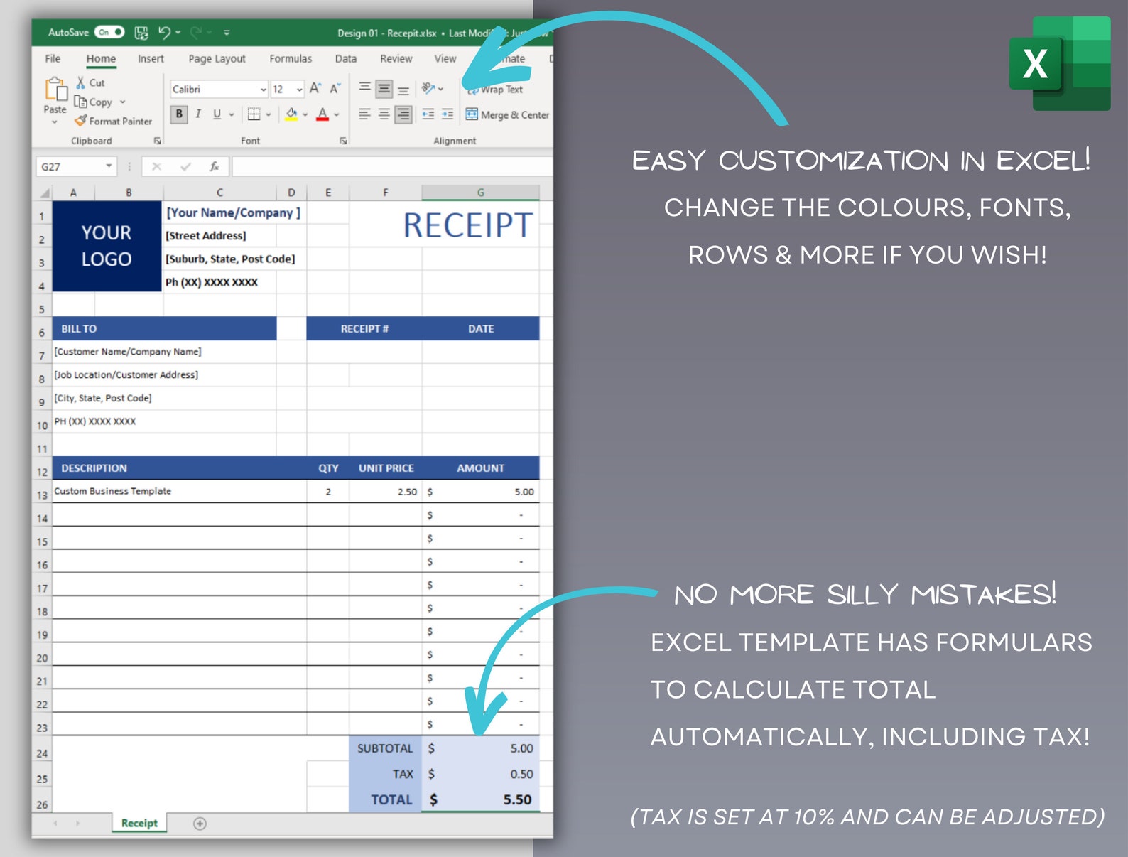 Job Receipt Template for Excel | PDF Editor | Acrobat Reader. Receipt ...