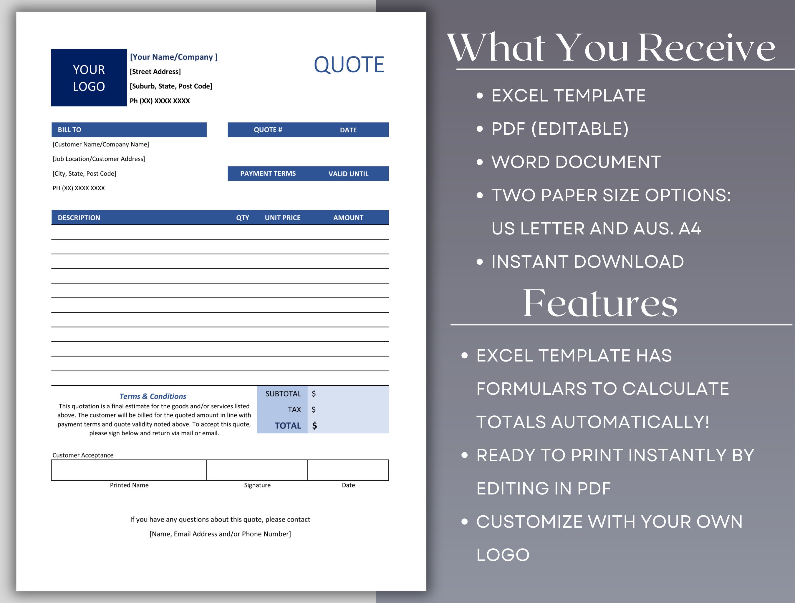 Job Quote Template for Excel PDF Editor Acrobat Reader. Quote Template ...